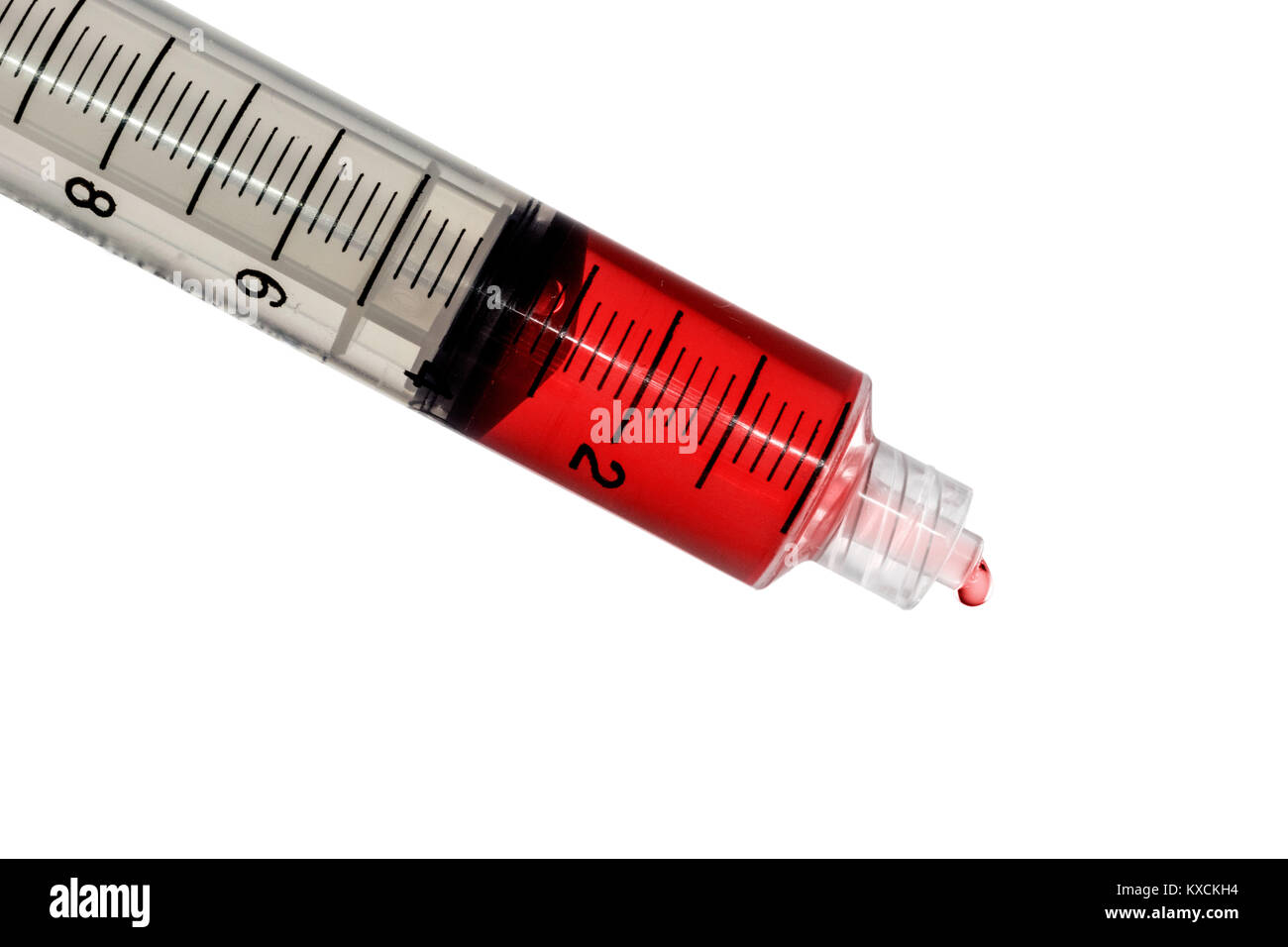 Syringe with red blood liquid substance on a white background, closeup ...