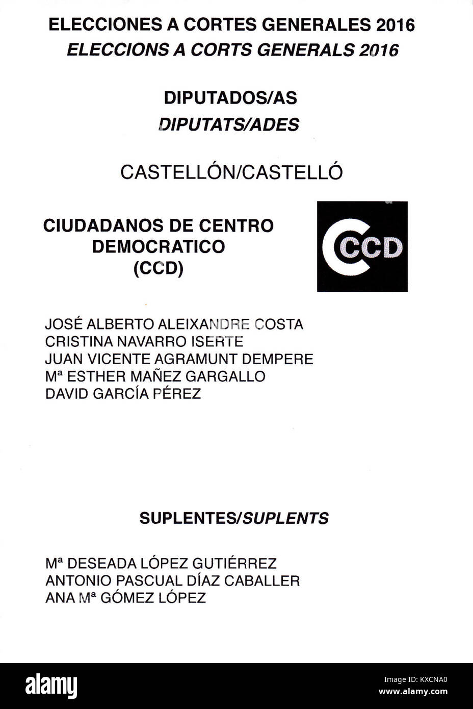 Ballot paper from the 2016 Spanish General Elections representing the ...