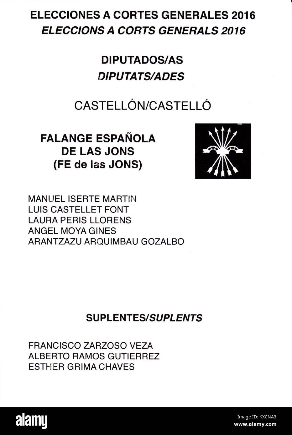 A 2016 Spanish General Elections ballot from Castellón, featuring the ...