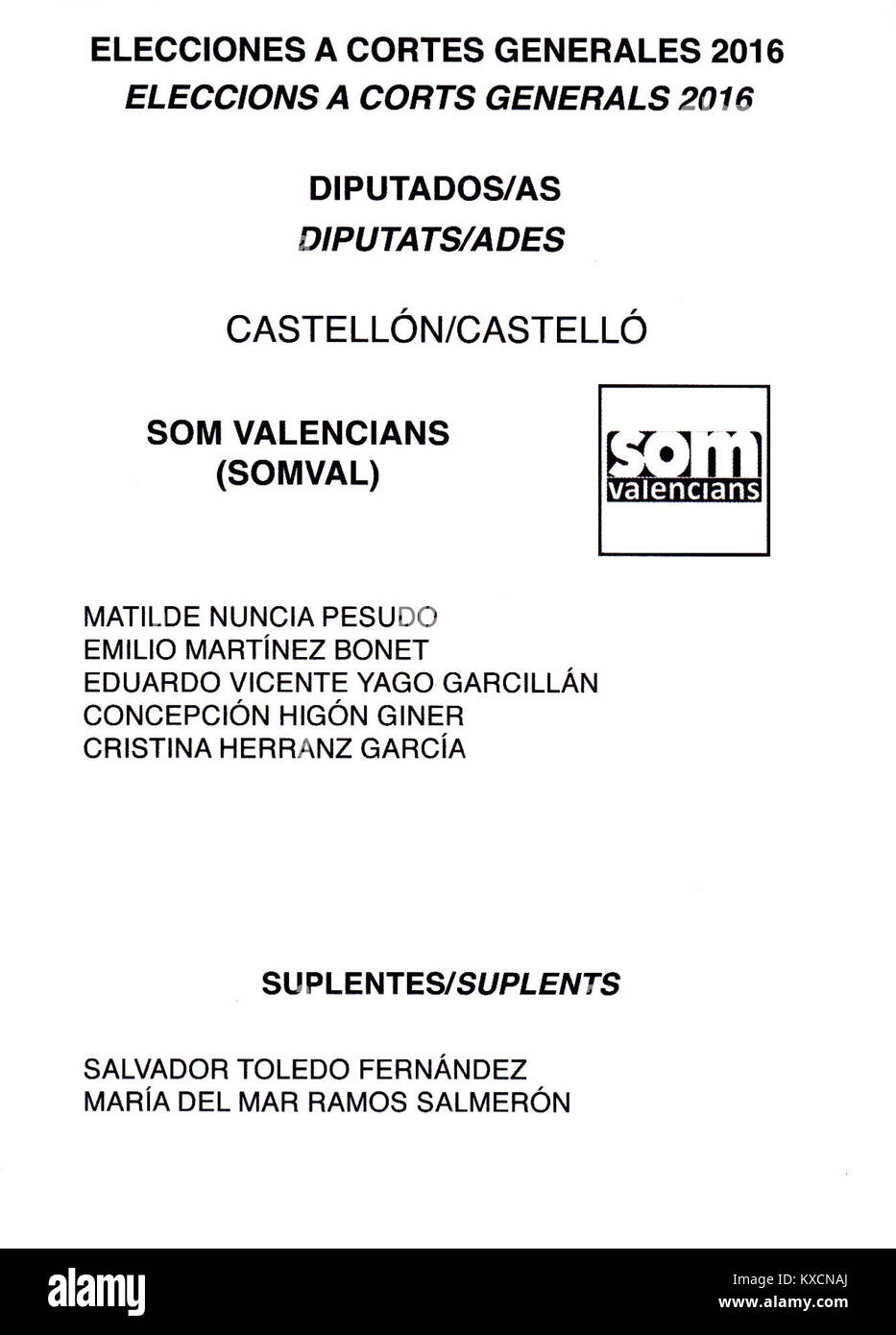 A Spanish election ballot from the 2016 general elections in Castellón ...