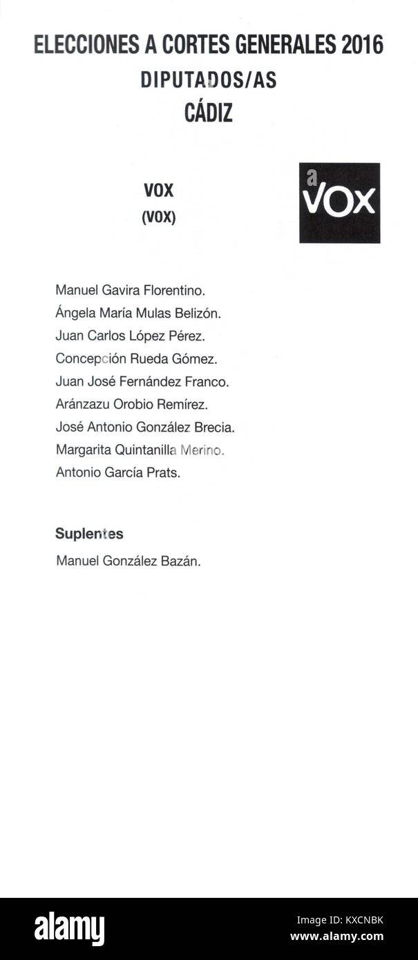Official ballot from the 2016 Spanish General Elections in Cádiz ...
