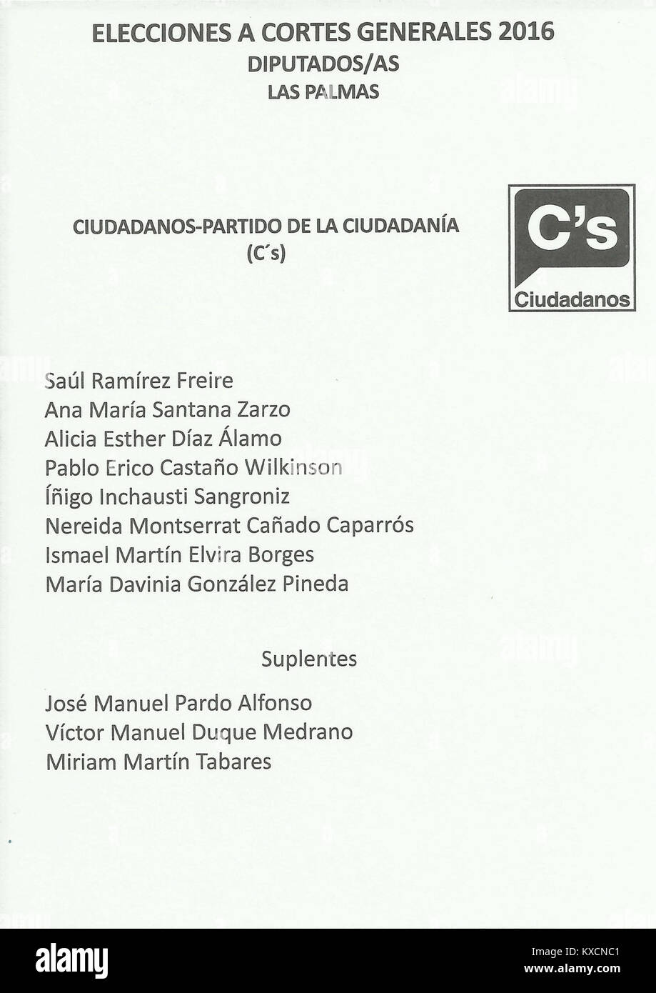 A ballot from the 2016 Spanish general elections in Las Palmas ...