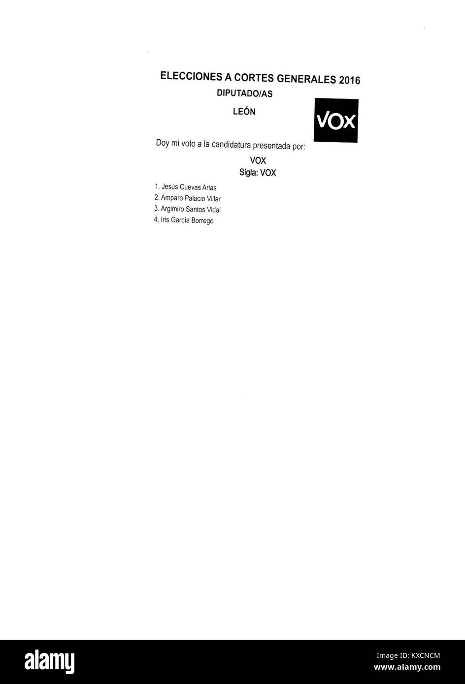 This image shows a Spanish general election ballot from 2016 ...