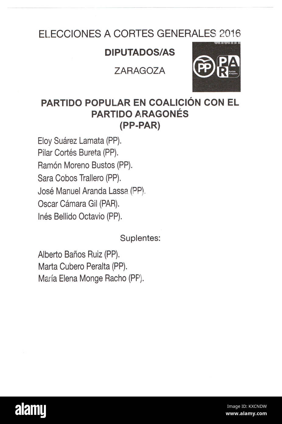 A 2016 Spanish general election ballot from Zaragoza displaying the ...