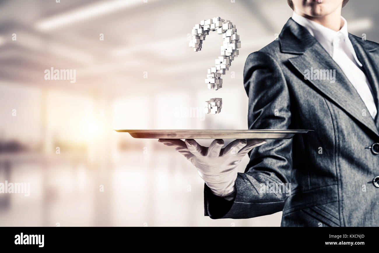 Hand of waiter presenting question mark on tray Stock Photo - Alamy