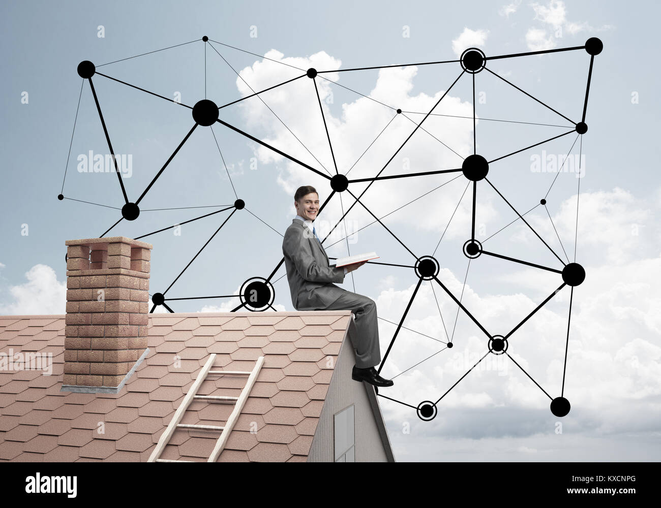 Man reading book and concept of social connection in sky Stock Photo ...