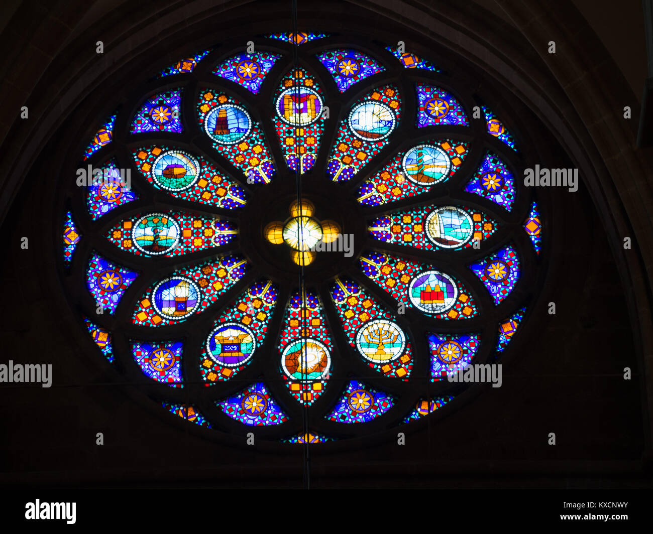 Stained glass window of Geneva St. Peter Cathedral Stock Photo - Alamy