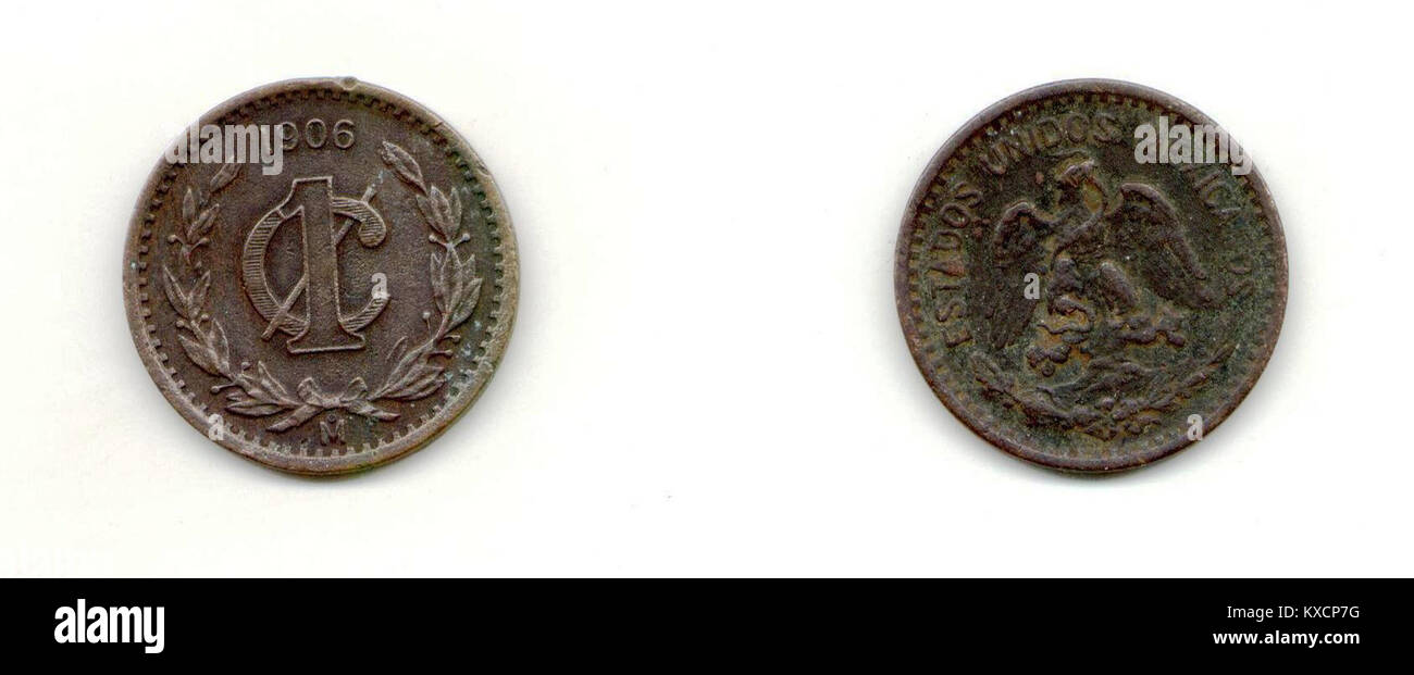 This image shows a 1 centavo coin from Mexico, minted in 1906. It ...