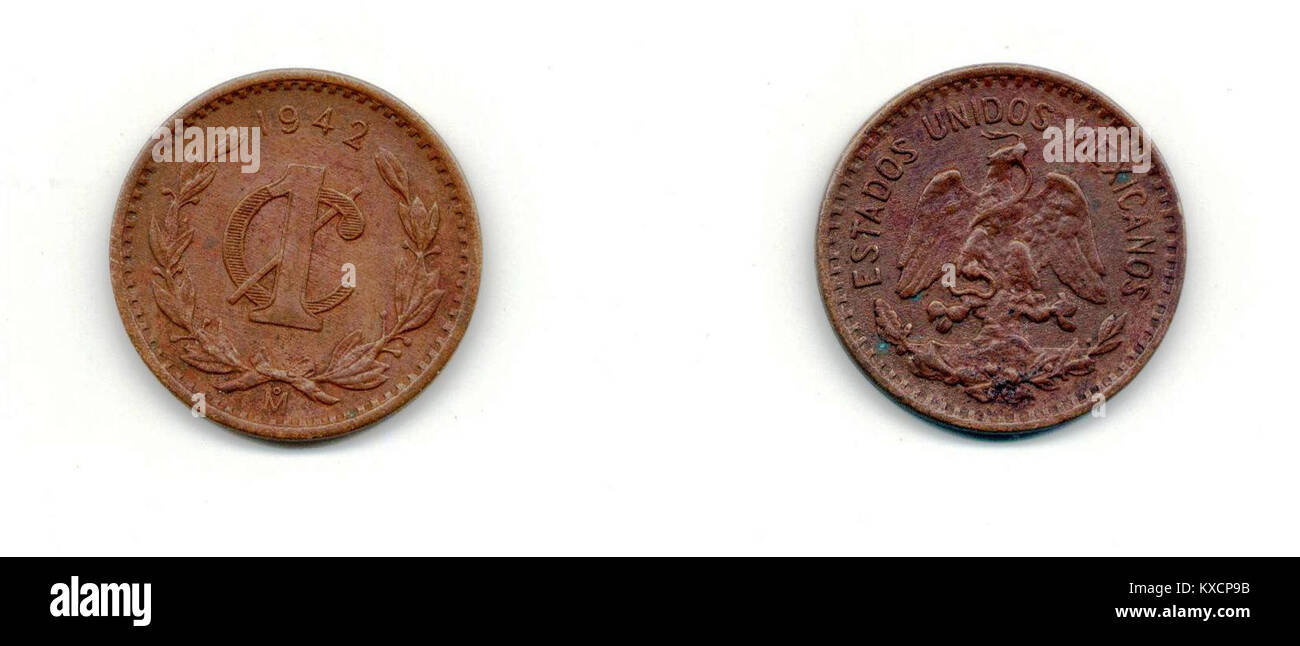 A 1942 Mexican 1-centavo coin, showing both the obverse and reverse ...