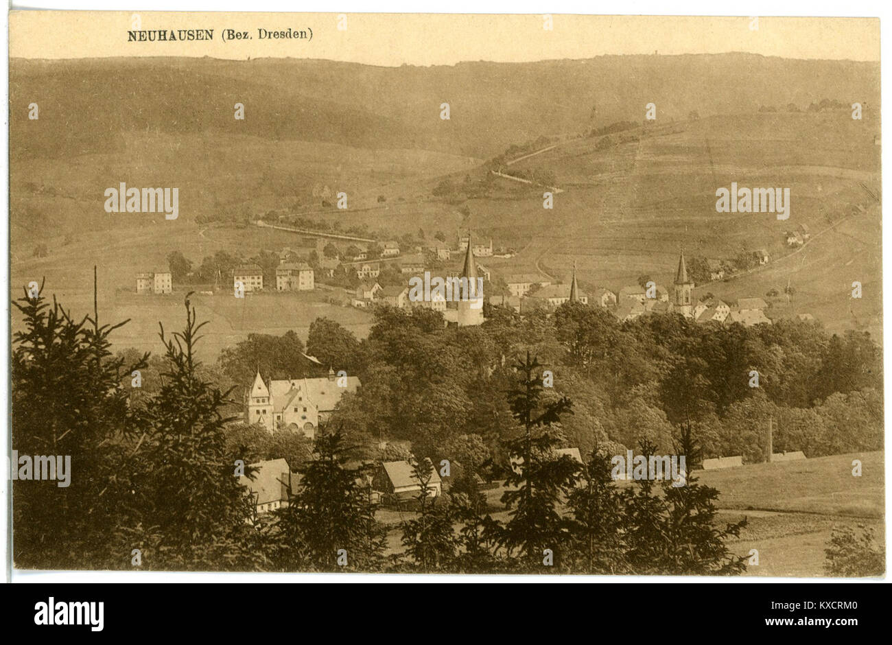 This image from 1919 shows a view of Neuhausen, Germany, captured in a ...