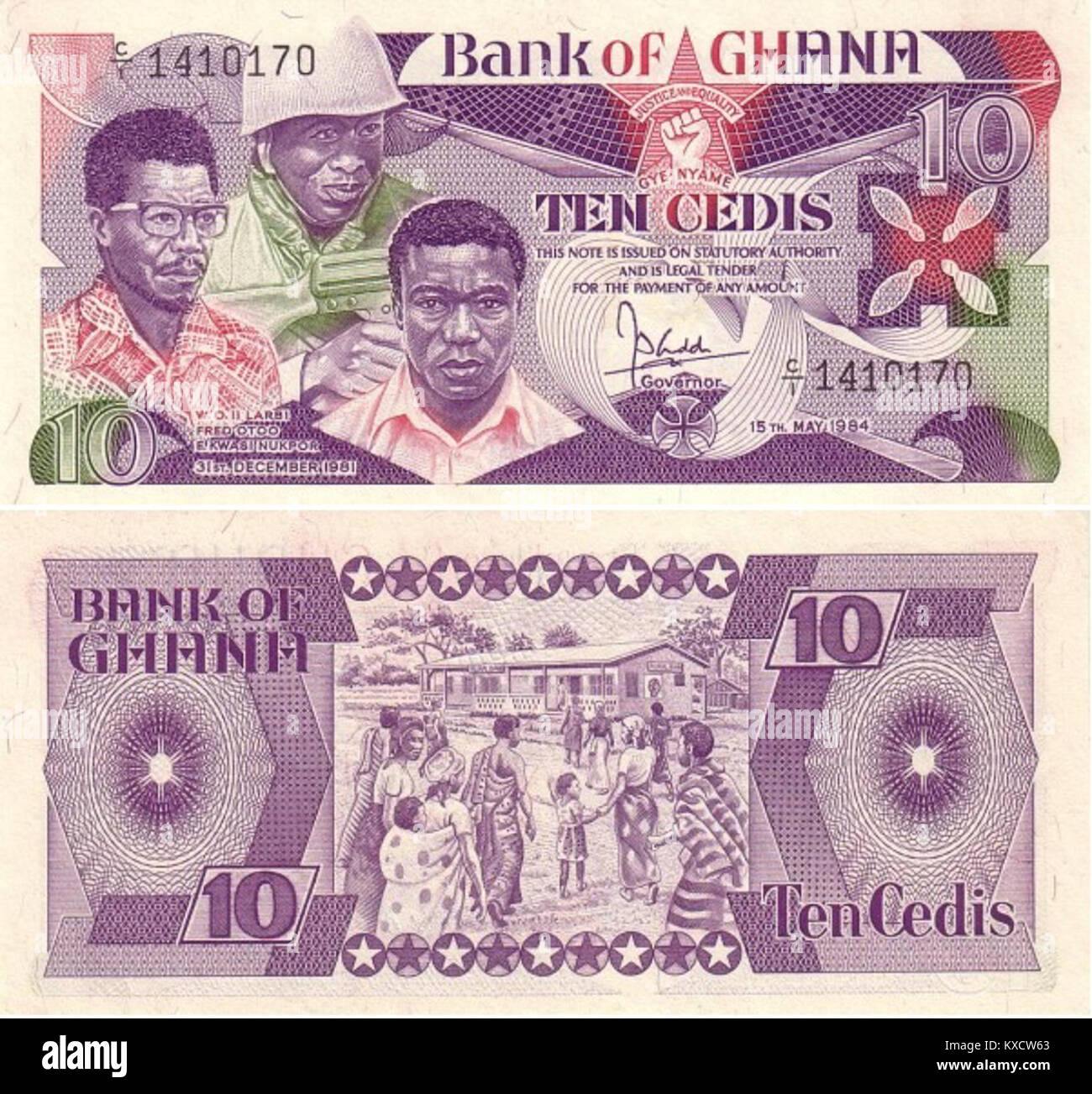 The 10 cedi banknote issued by the Bank of Ghana in 1984, featuring ...