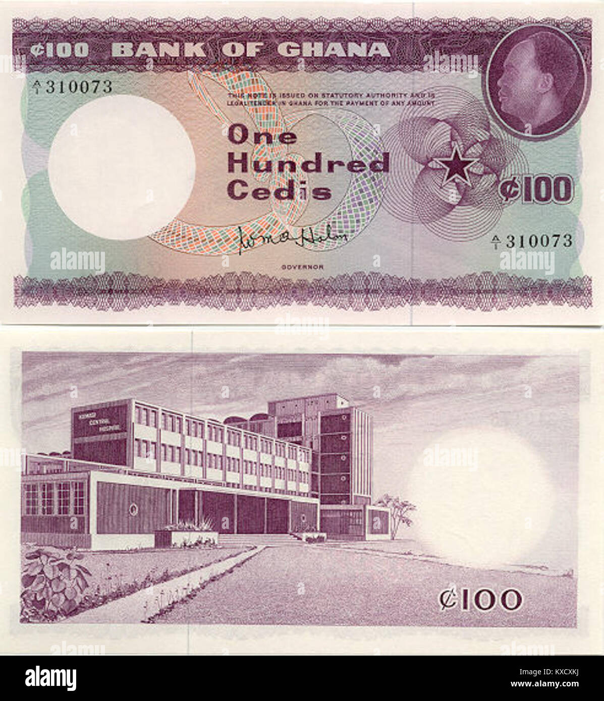 The 100 cedis banknote from 1965, issued in Ghana, is a piece of ...