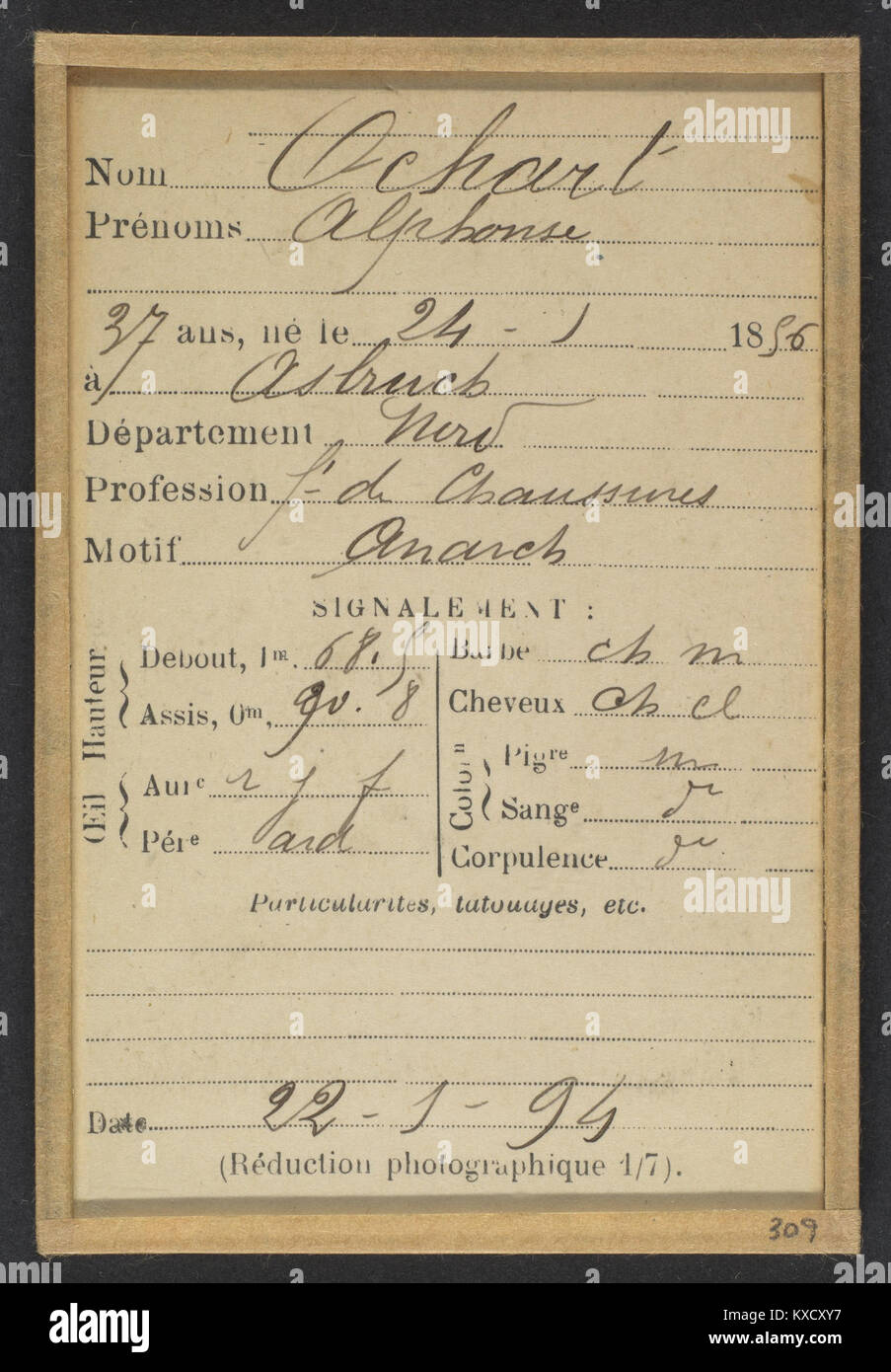 A historical police record describing Alphonse Ochart, a 37-year-old ...