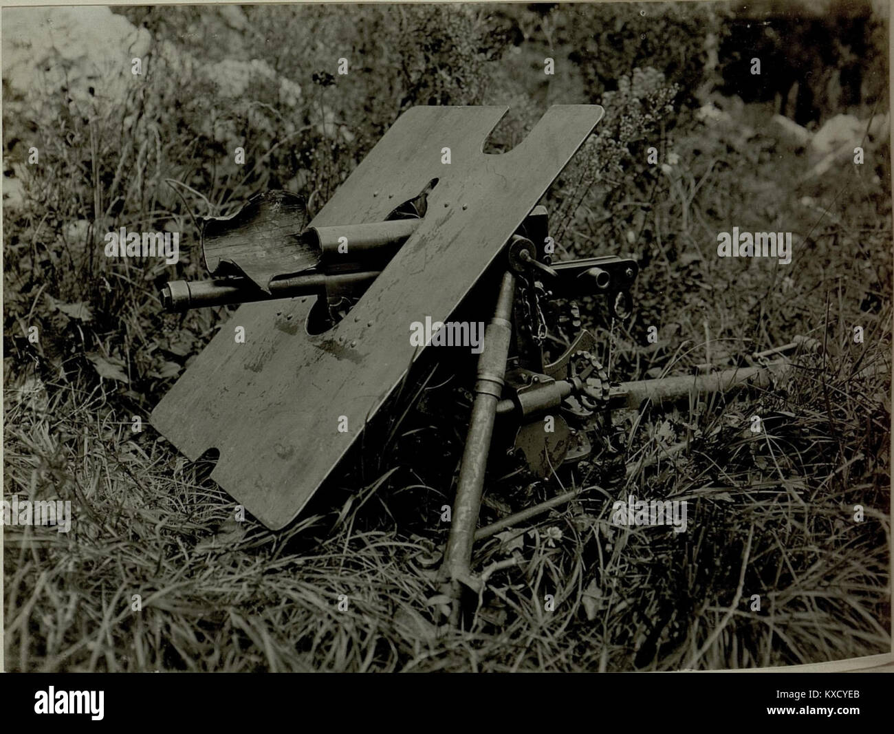 A 37mm infantry gun damaged by a mine grenade cartridge, photographed ...