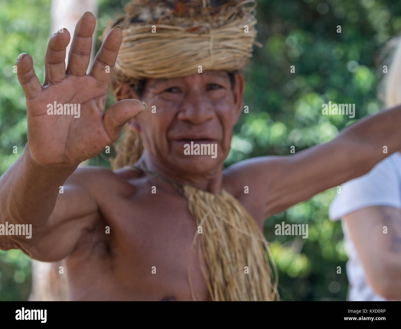 Iquitos, Peru- December 14, 2017: Indian from Yahuas tribe in his local ...