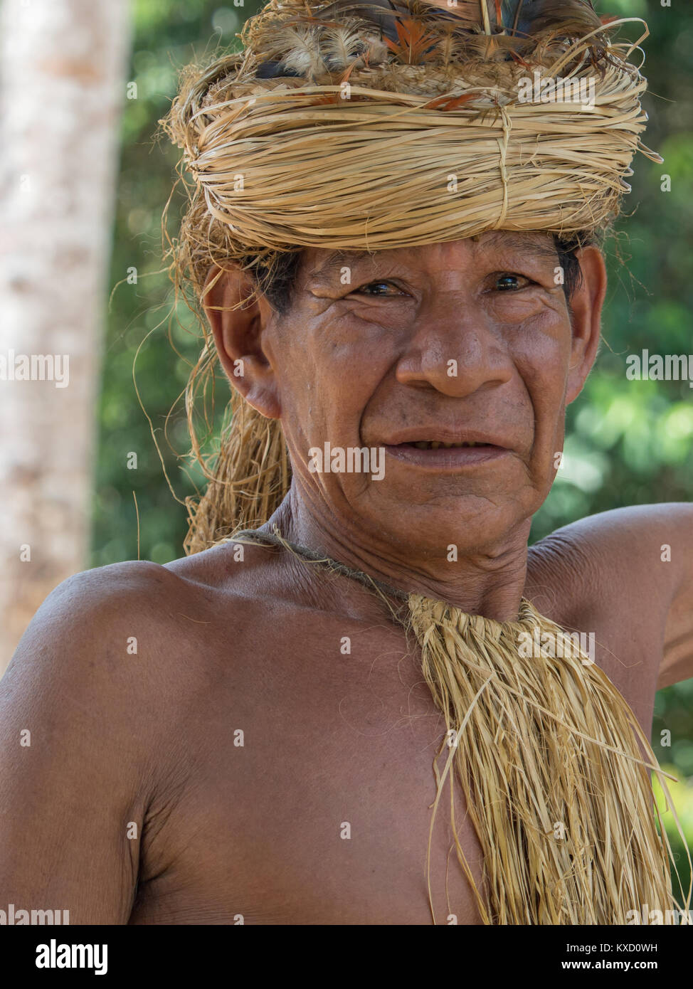 Iquitos, Peru- December 14, 2017: Indian from Yahuas tribe in his local ...