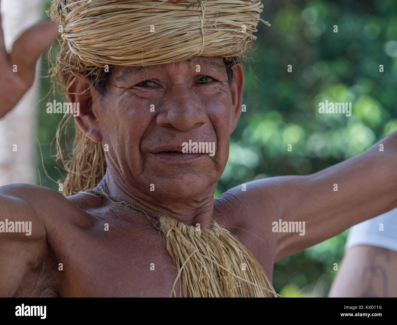 Iquitos, Peru- December 14, 2017: Indian from Yahuas tribe in his local ...