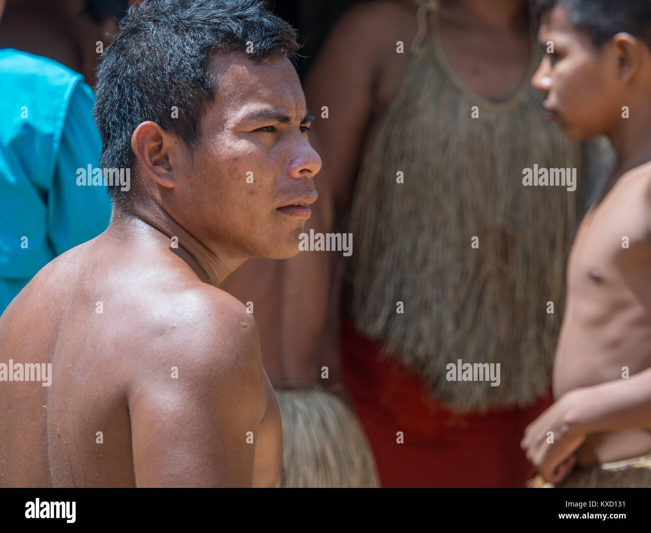 Iquitos, Peru- December 14, 2017: Indian from Yahuas tribe in his local ...