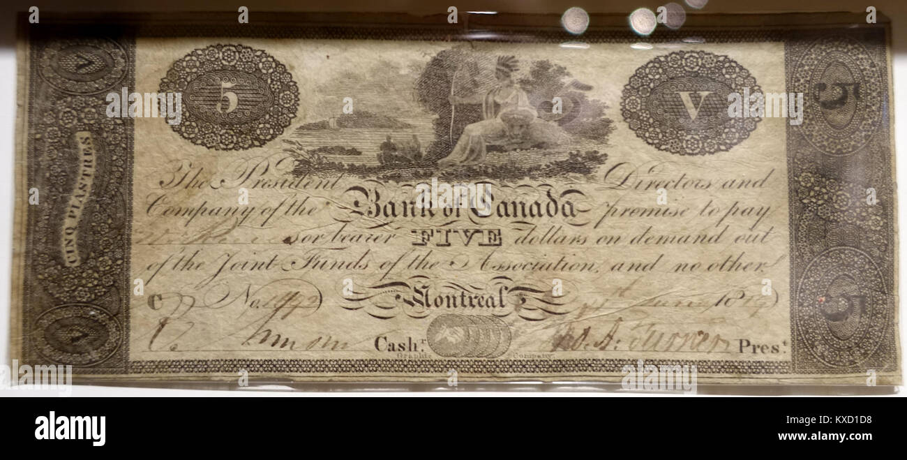 This image shows a 5 Dollar banknote from 1819, issued by the Bank of ...