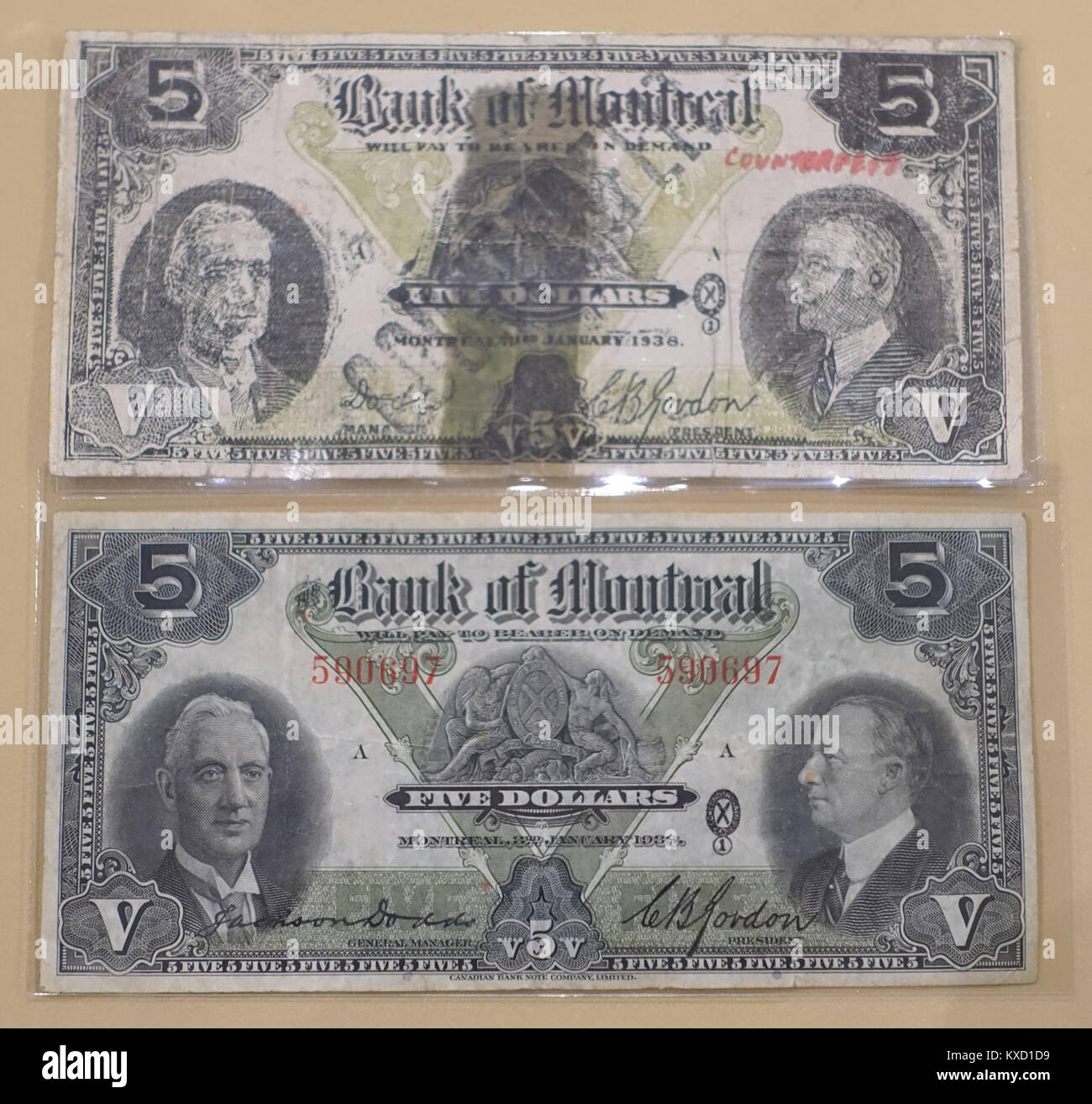 A 1938 five-dollar note issued by the Bank of Montreal, displayed ...