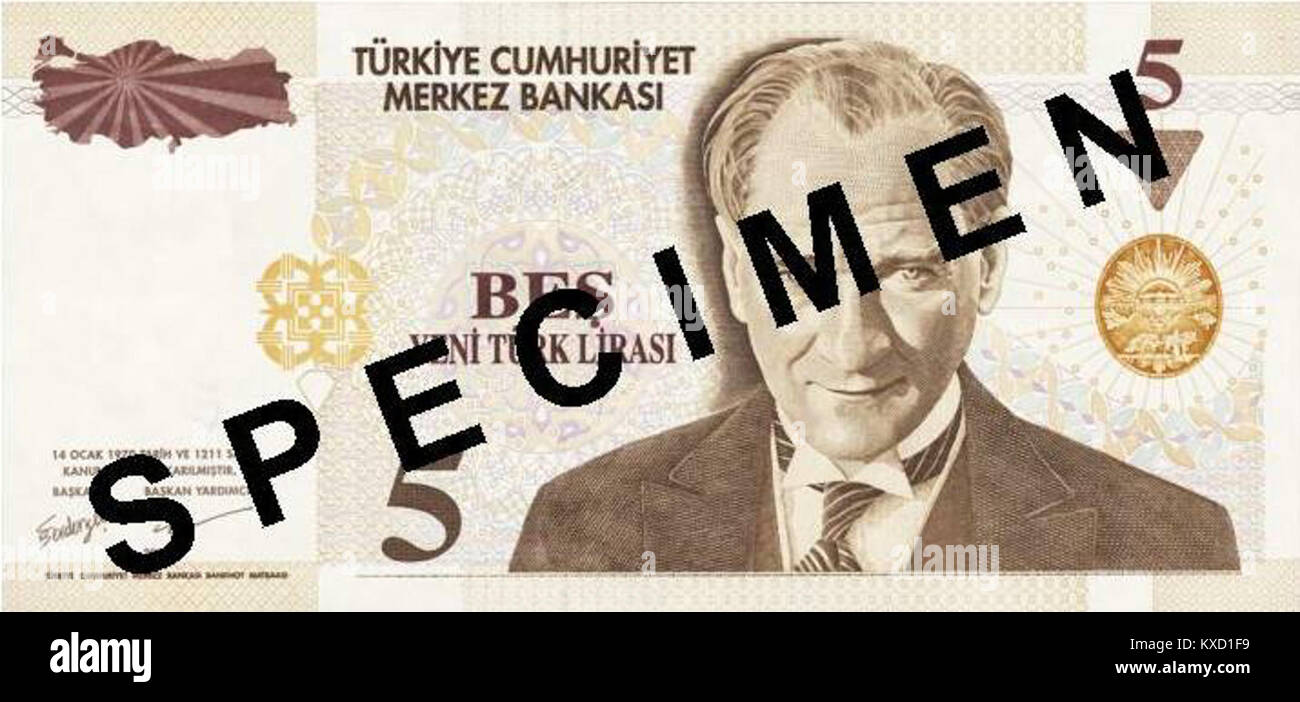A historical reference to a 5 Turkish lira note, which is part of the ...