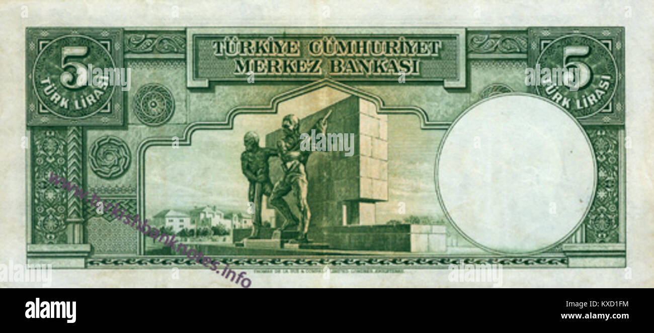 An image of the reverse side of a 5 Turkish Lira note, showcasing the ...