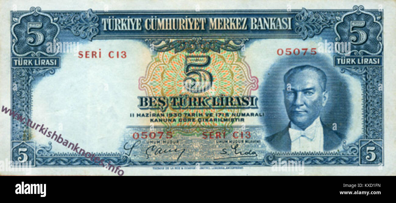 A Turkish currency note valued at five liras, featuring official ...