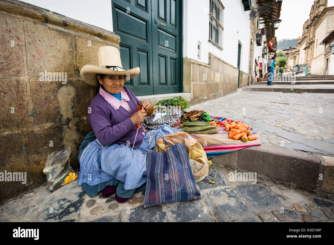 Street Vendor in Local Traditional Dress and Hat knitting and selling ...