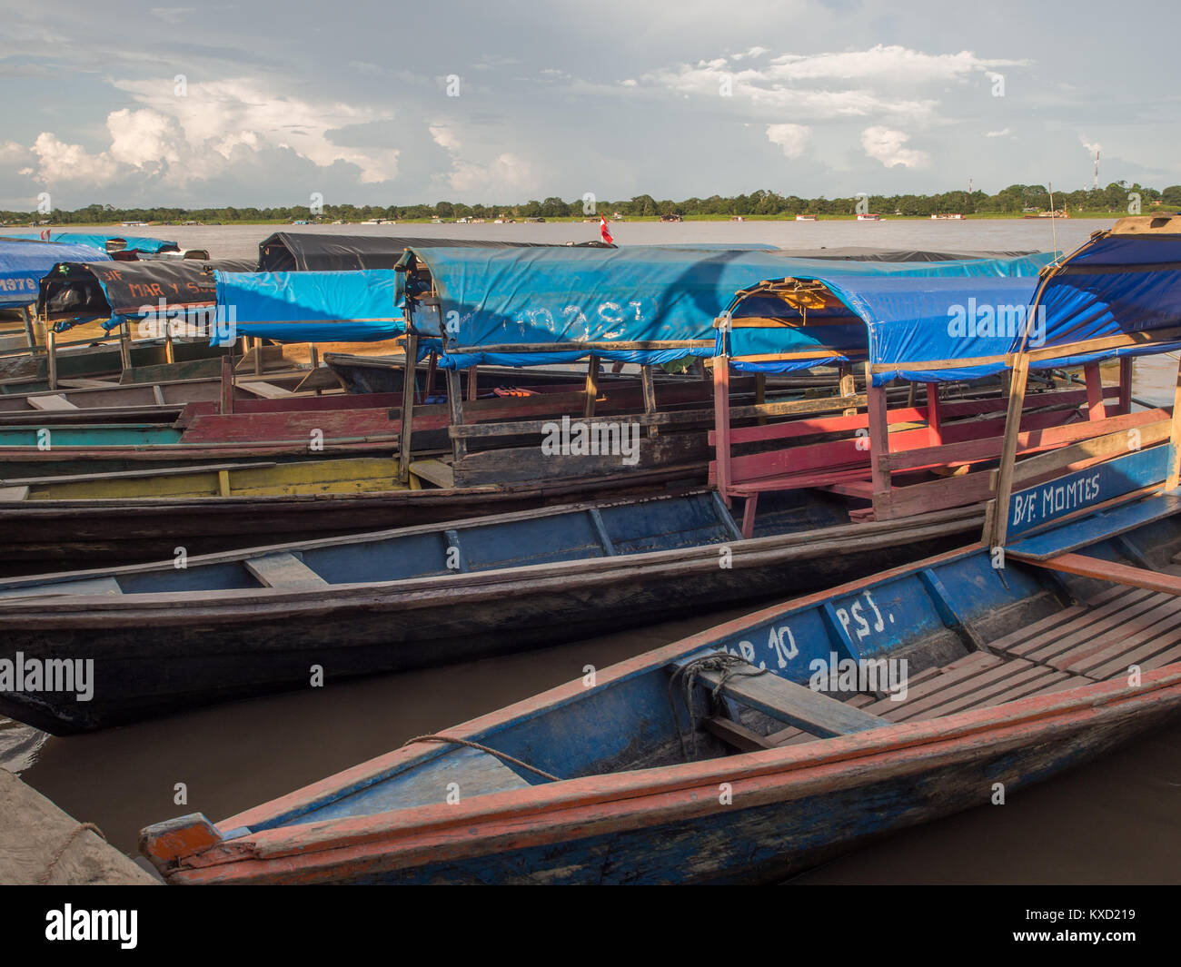 Santa Rosa, Peru - Dec 10, 2017: Traditional, Indian boats on the bank ...
