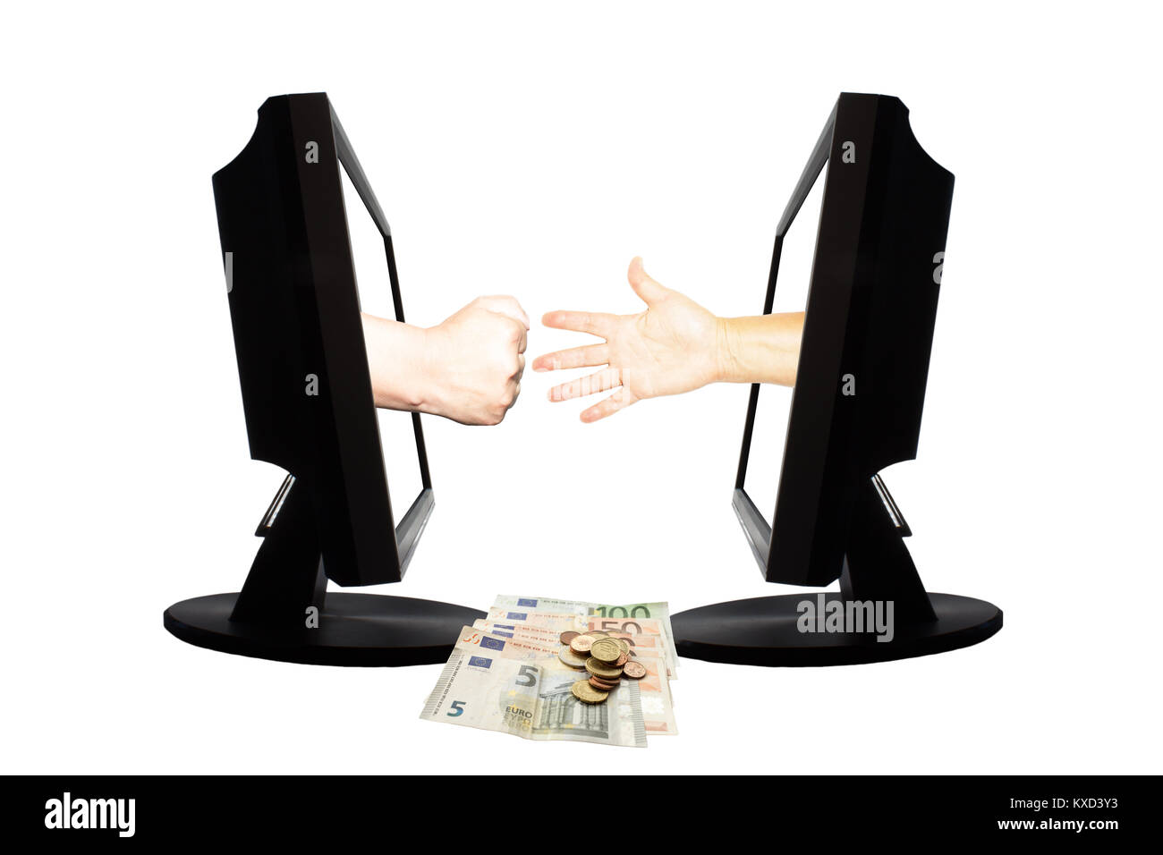 Virtual game by internet hand shape of scissors stone on white ...