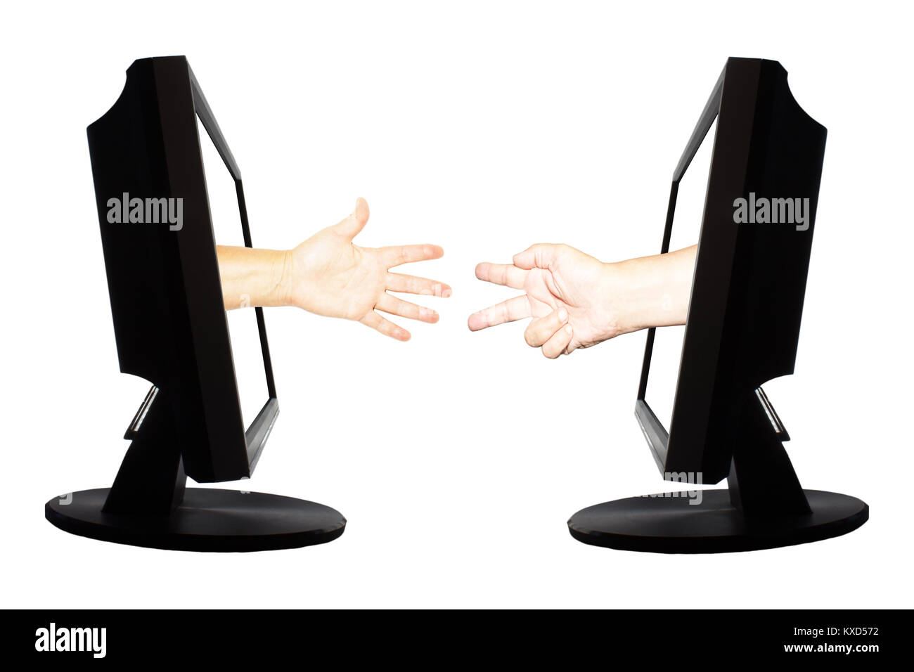 Virtual game by internet hand shape of scissors stone on white ...