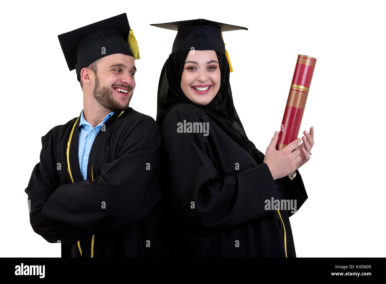 Portrait of two happy graduating arabic muslim students. Isolated over ...
