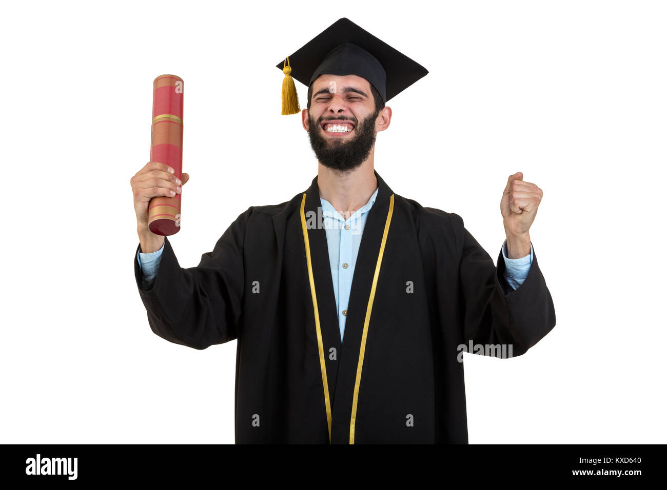 cheerful smiling male graduate wearing gown and cap isolated on white ...