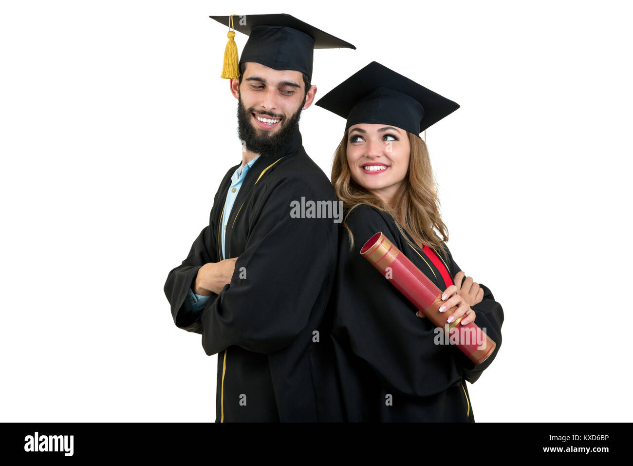 Portrait of two happy graduating students. Isolated over white ...