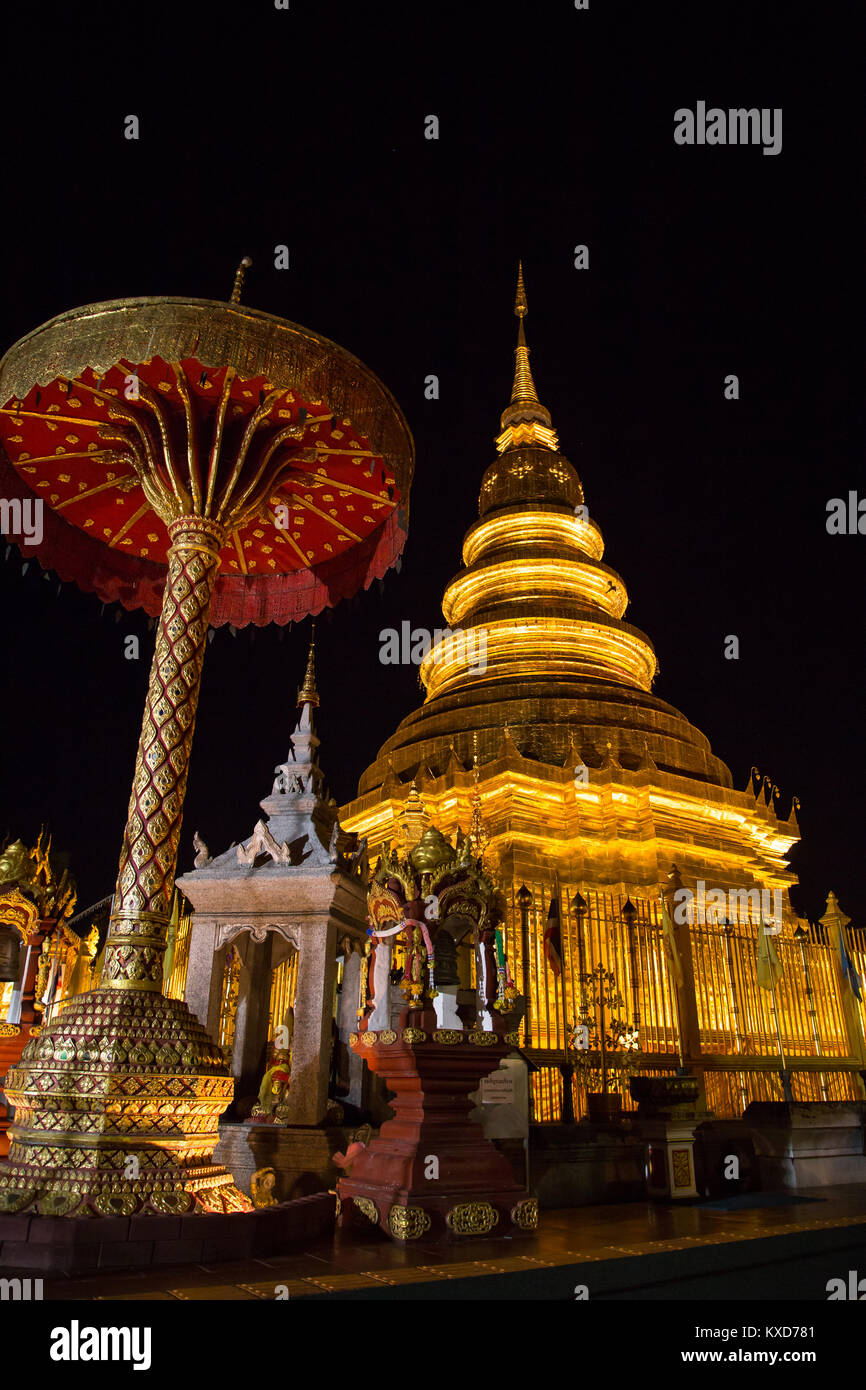 Wat Phra That Hariphunchai decorated with lighting at night Stock Photo ...