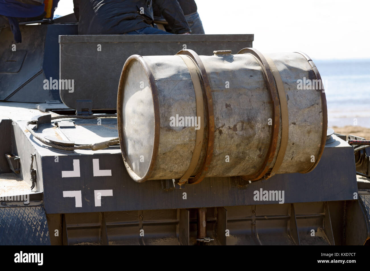 Fuel tank for a German tank,mounted on the rear of the transport Stock ...