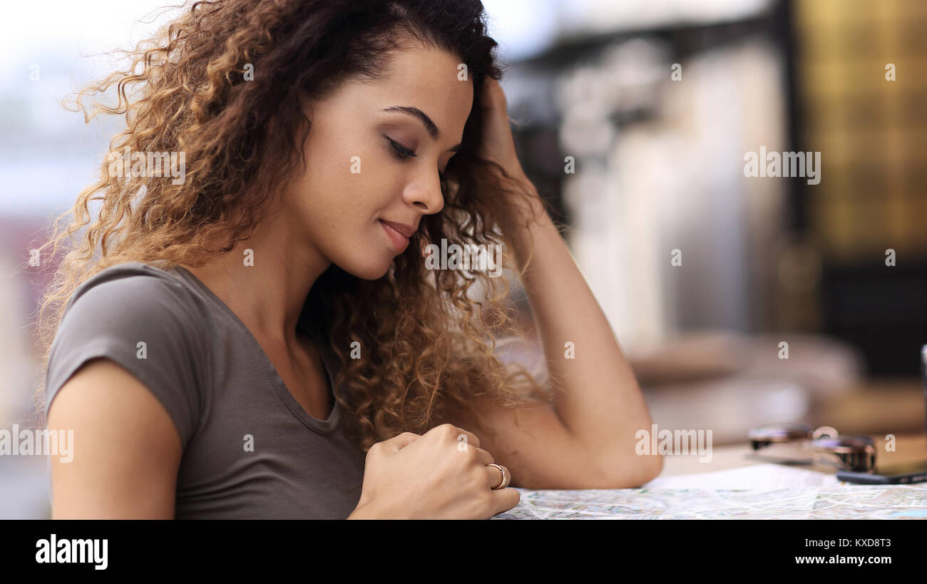 Close up portrait of a beautiful woman relaxing in cafe outside Stock ...
