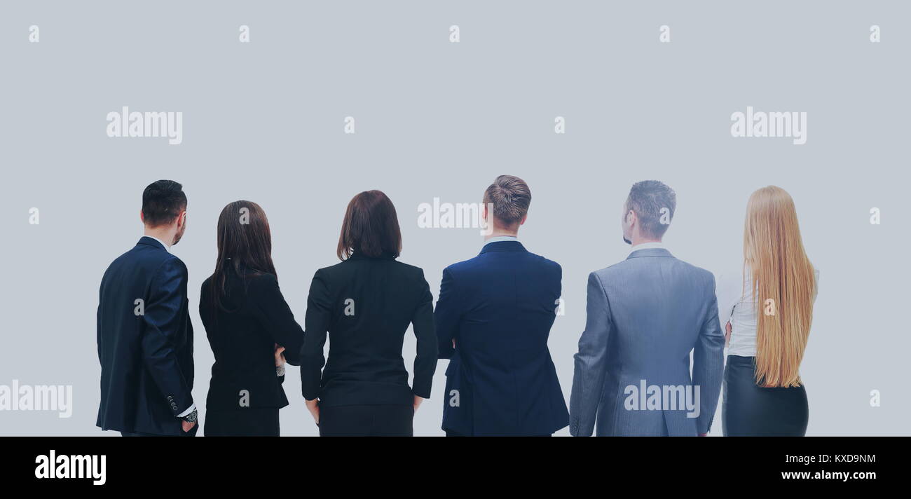 Successful business team looking upwards standing back side Stock Photo ...