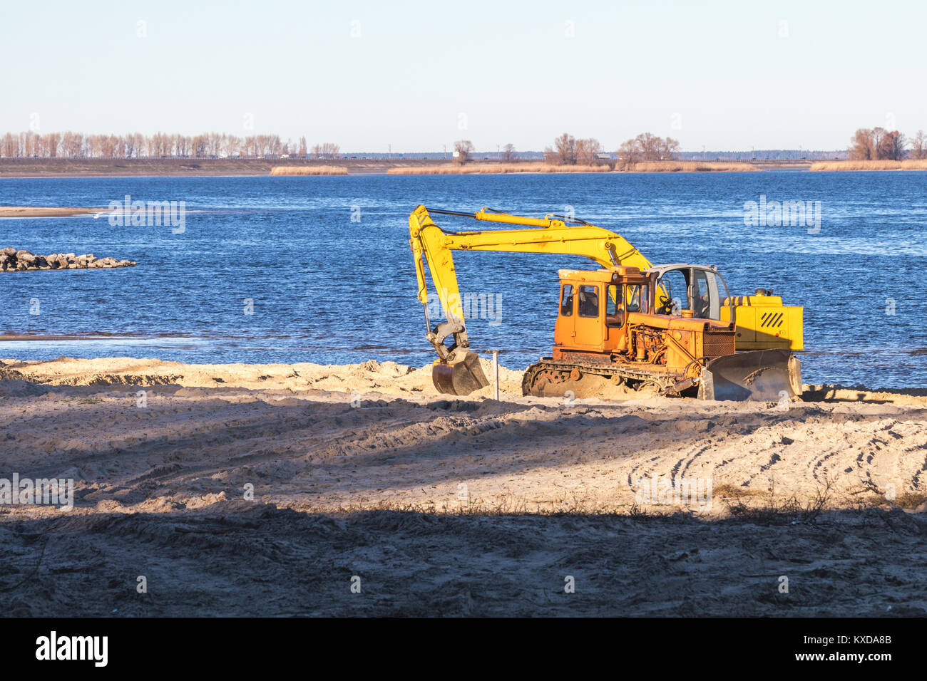 Excavator or digger and excavators working on ground. Industrial ...