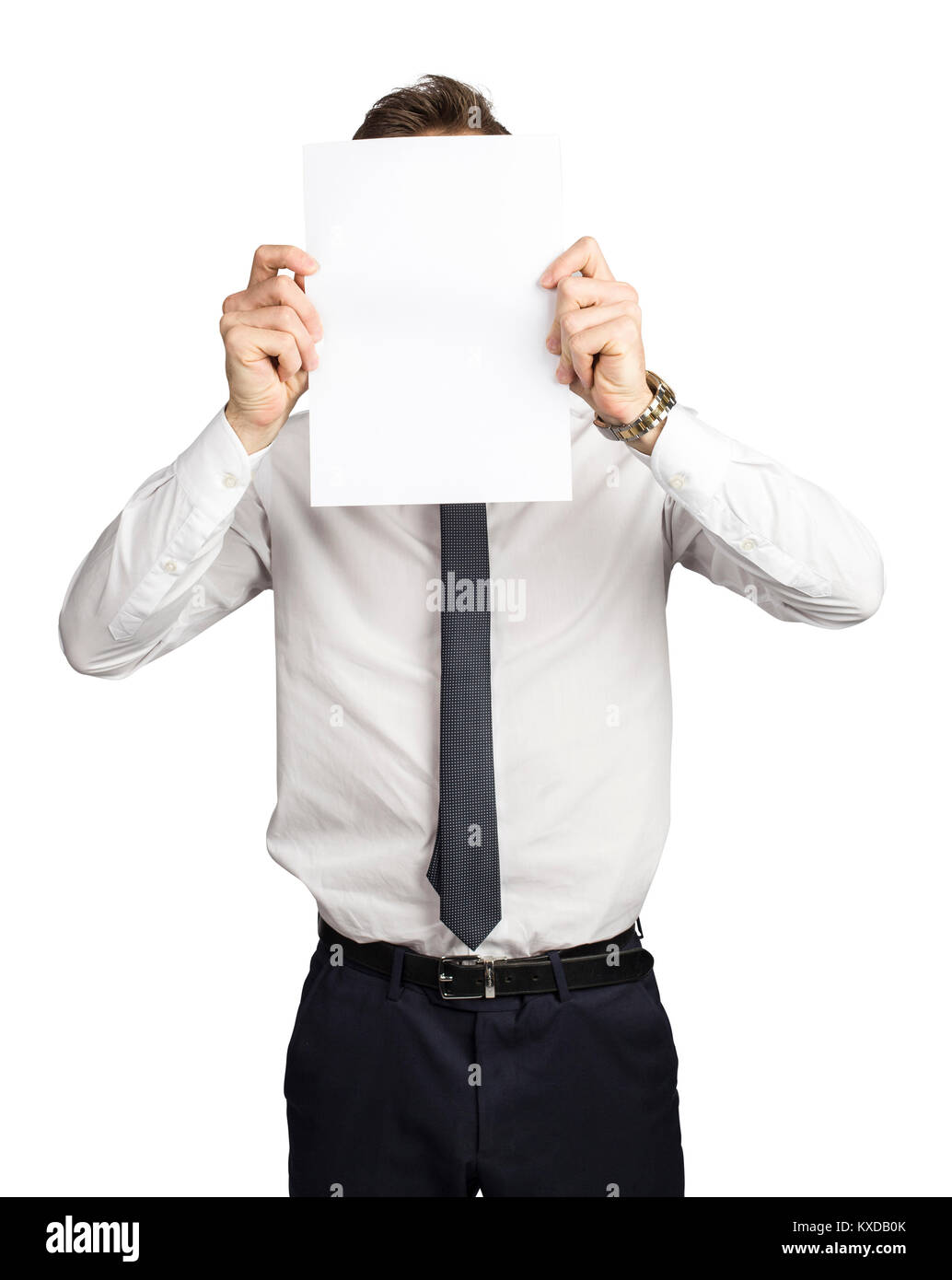 businessman hide himself with paper isolated on white background Stock ...