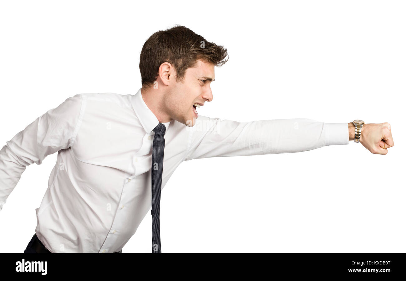 angry caucasian businessman punch pose isolated on white background ...