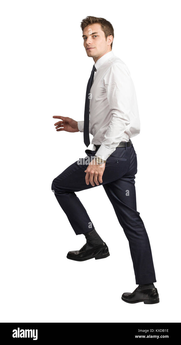 young caucasian businessman move up isolated on white background Stock ...