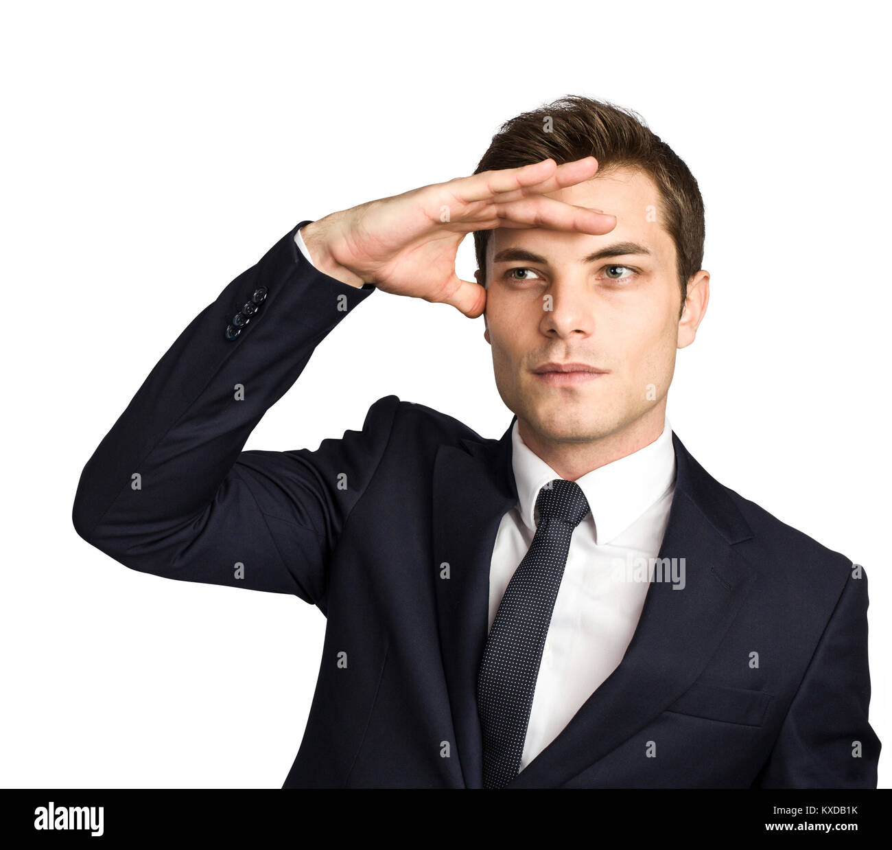 young caucasian businessman looking far pose isolated on white ...