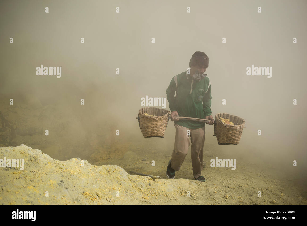 Miner extracting sulfur rocks from Kawah Ijen crater in East Java ...