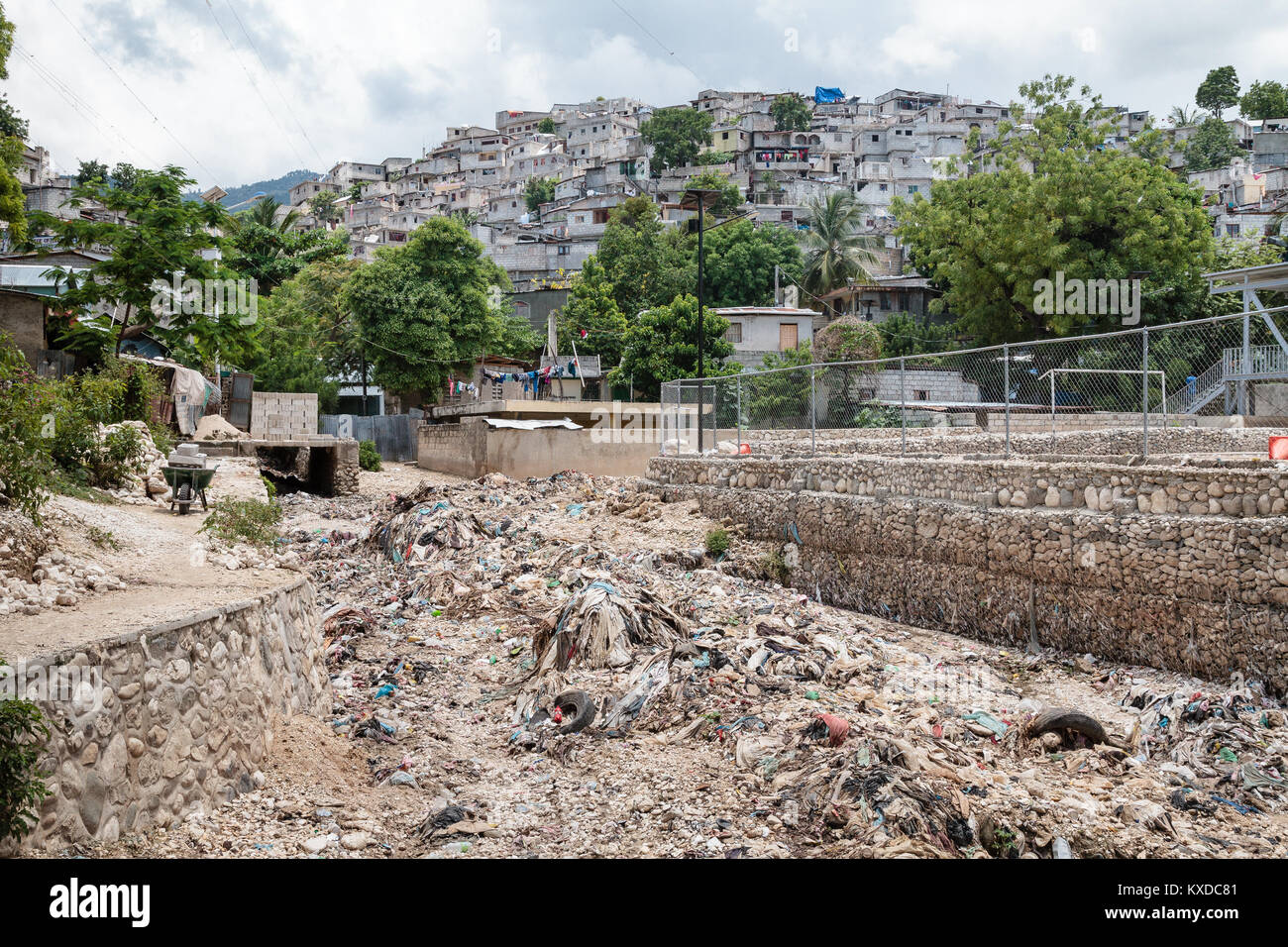 Garbage in riverbed,behind arm settlement on hill,Port-au-Prince,Ouest ...
