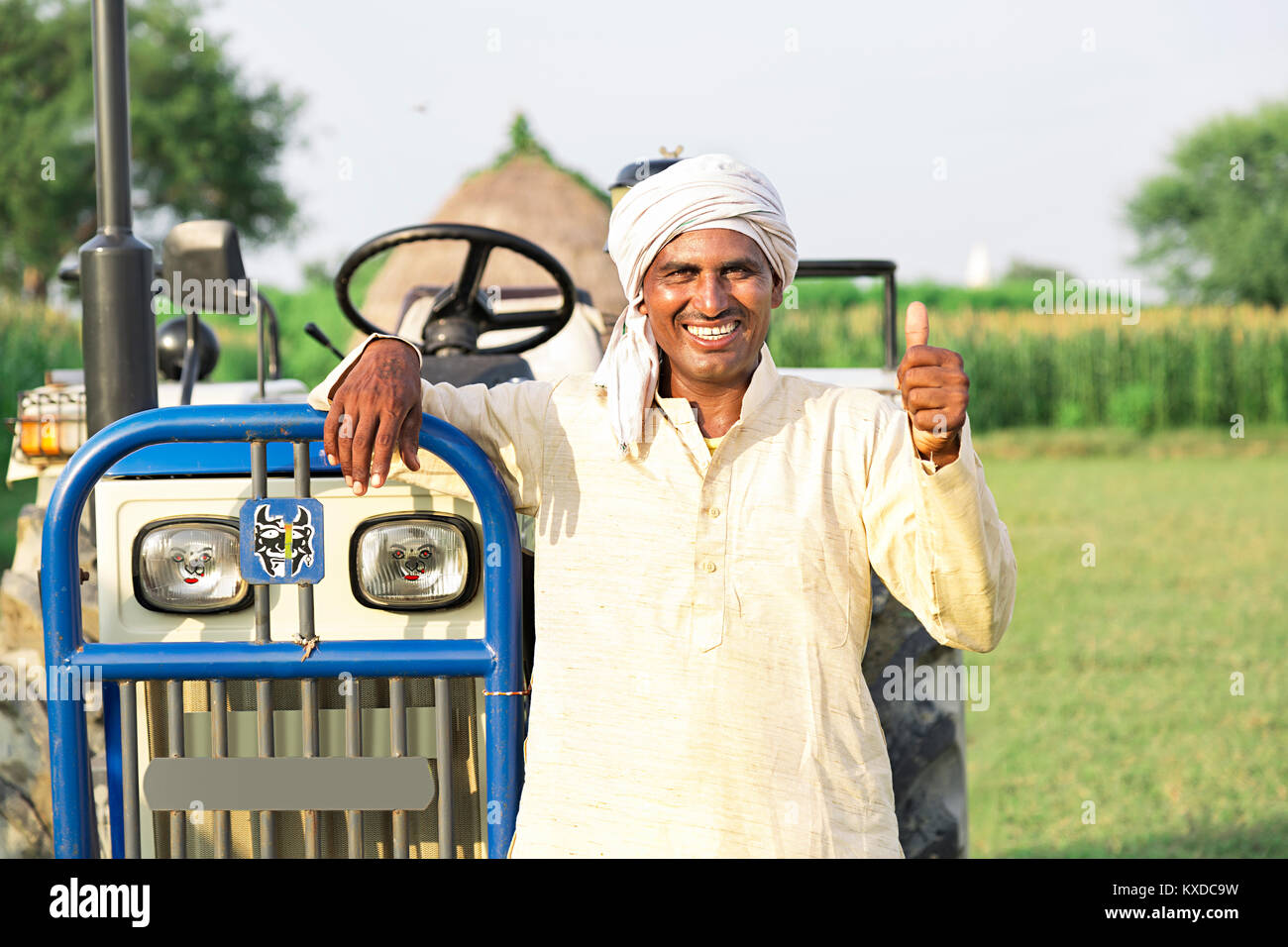 1 Indian Rural Farmer Standing Field Tractor Showing Thumbsup Smiling ...