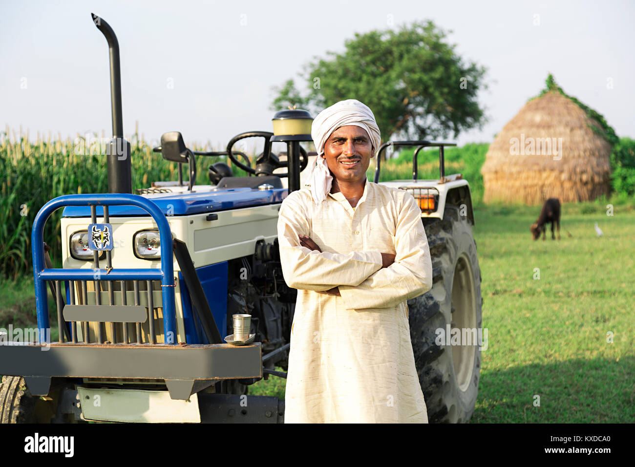 Smiling 1 Rural Farmer Man Standing Near Tractor Field Village Stock ...