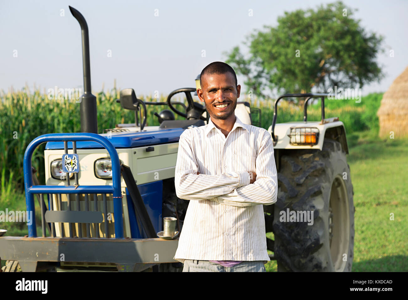 Smiling 1 Indian Rural Farmer Standing Near Tractor Farm Village Stock ...