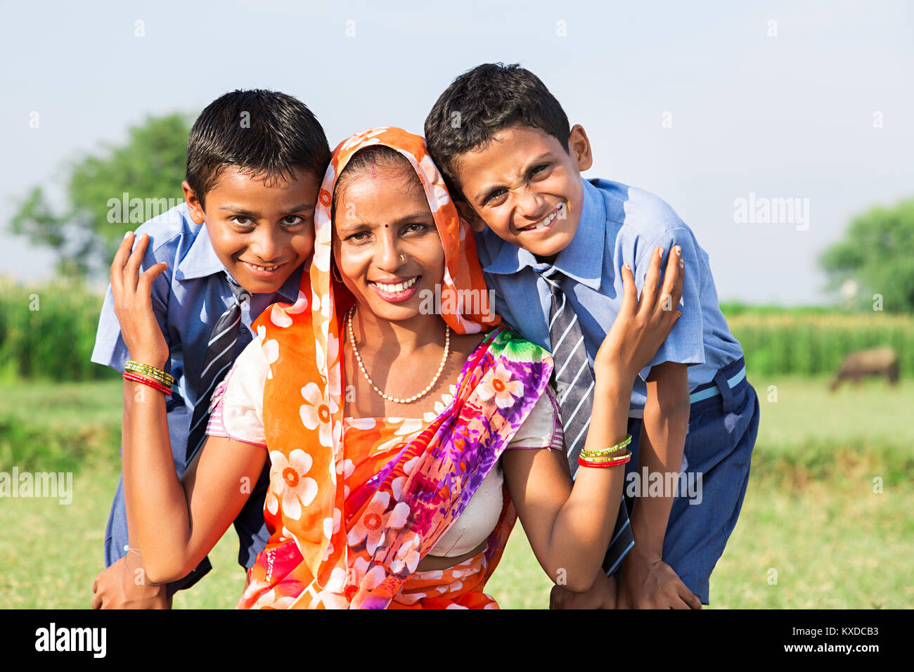 Indian Rural Villager Mother And Kids Students Together Smiling Farm ...