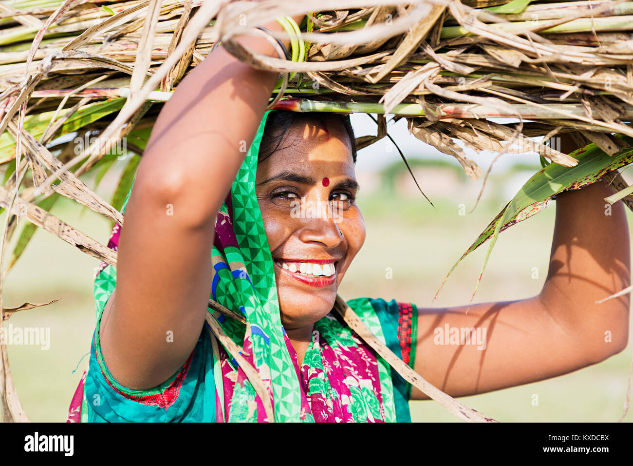 Happy Indian Rural Villager Woman Carrying Weed On Head Farm Stock ...
